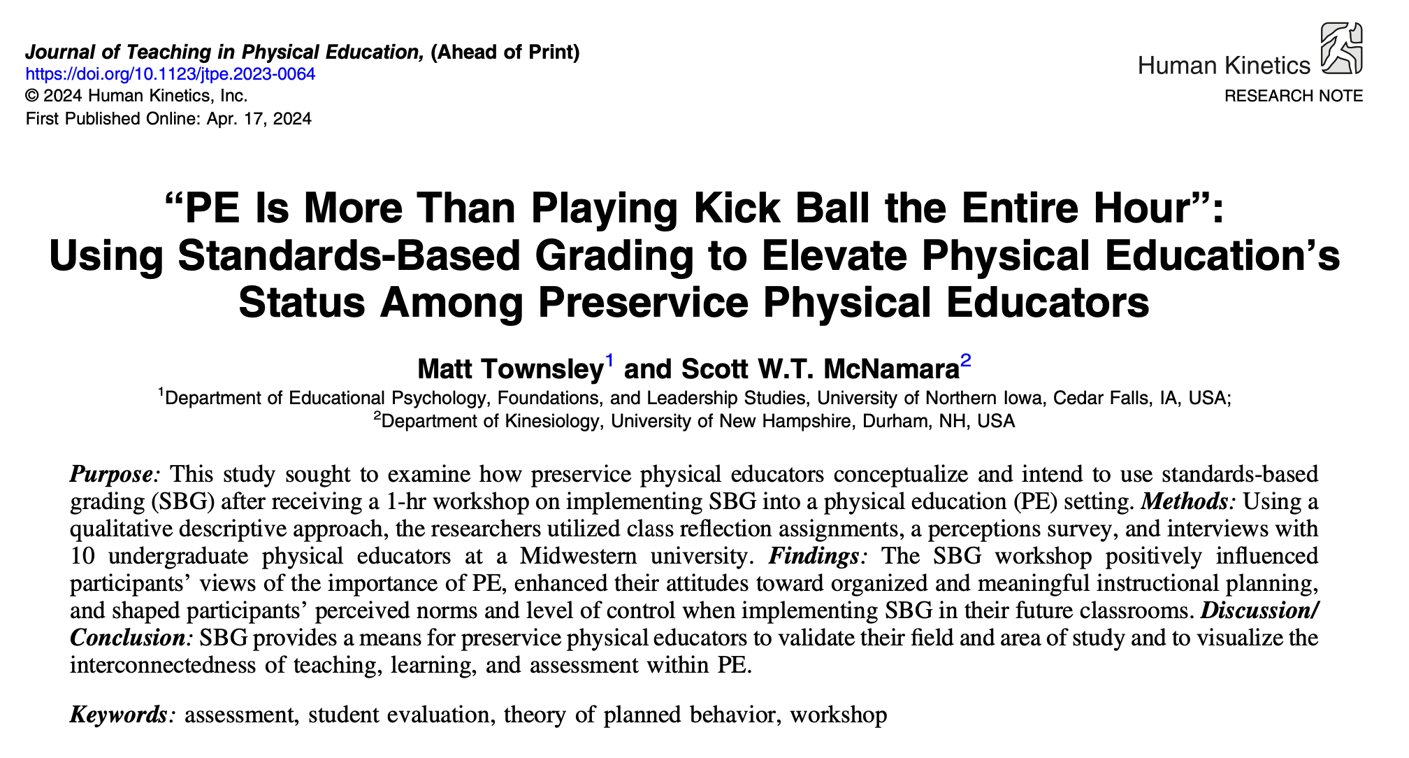 “PE Is More Than Playing Kick Ball the Entire Hour”: Using Standards ...